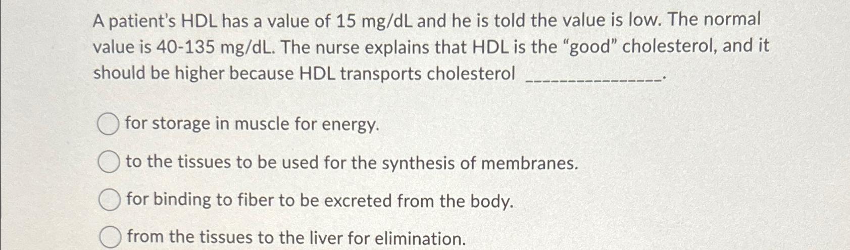 Solved A patient's HDL ﻿has a value of 15mgdL ﻿and he is | Chegg.com