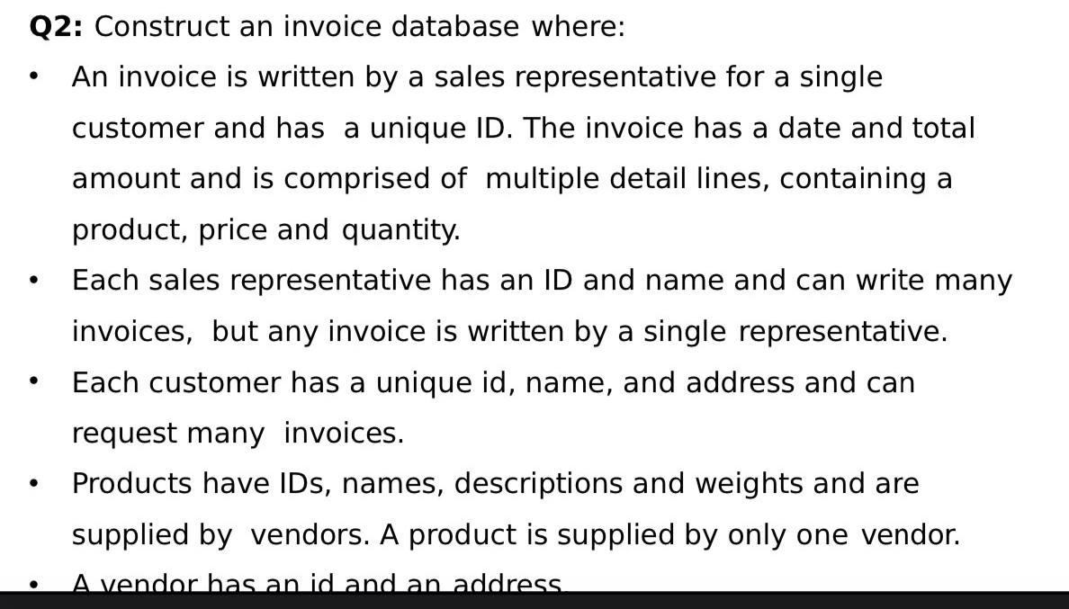 Solved Q2: Construct an invoice database where: An invoice | Chegg.com