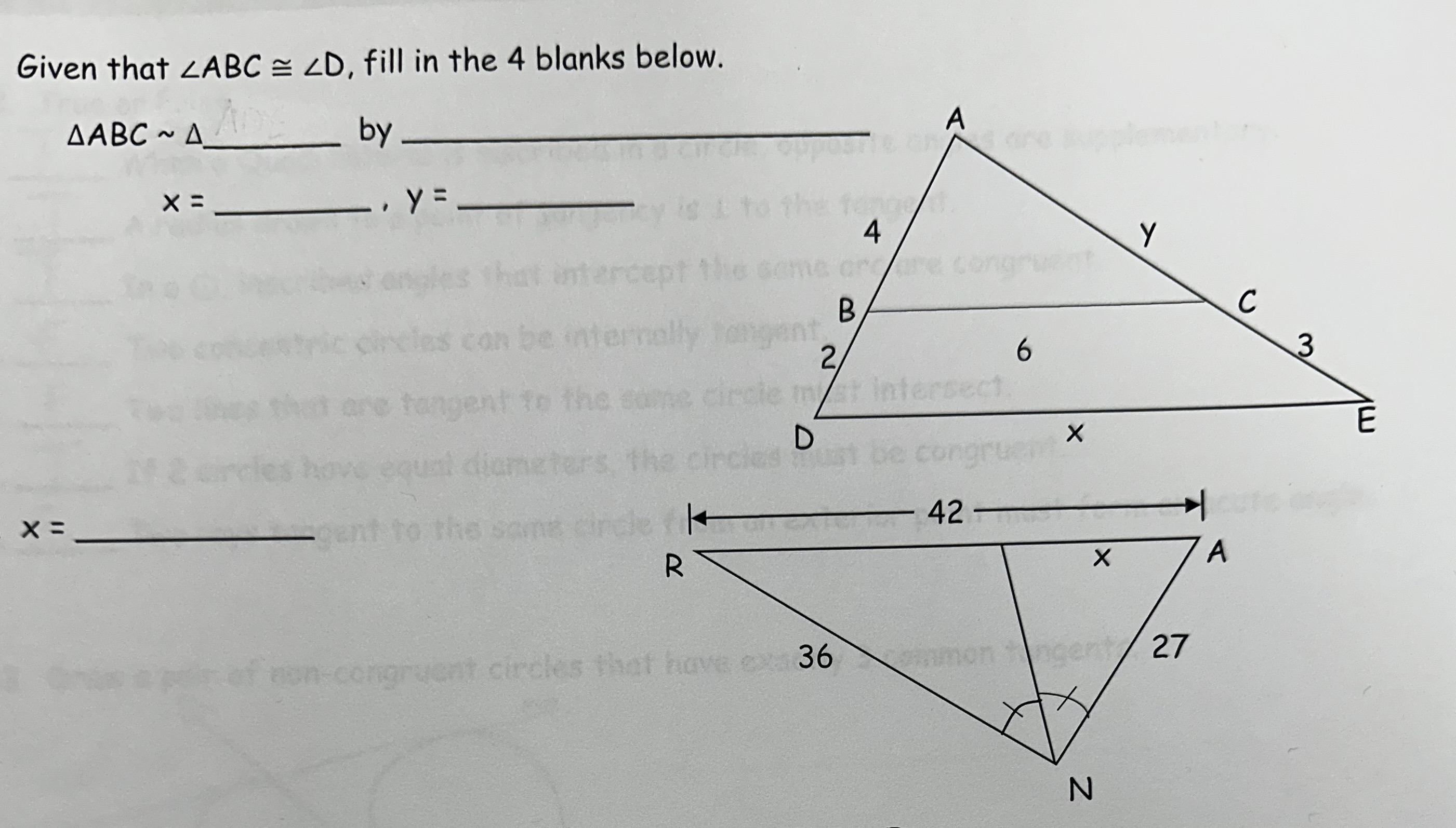 Solved Given that ??ABC~??D=, ﻿fill in the 4 ﻿blanks | Chegg.com