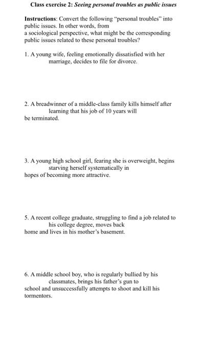 Class exercise 2: Seeing personal troubles as public | Chegg.com