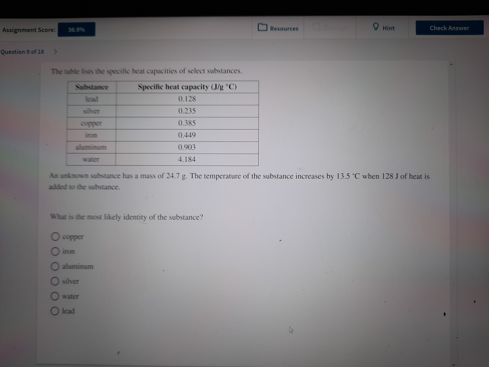 Solved 38.98 Assignment Score: Resources Hint Check Answer | Chegg.com
