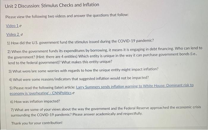 Solved Unit 2 Discussion: Stimulus Checks and Inflation | Chegg.com