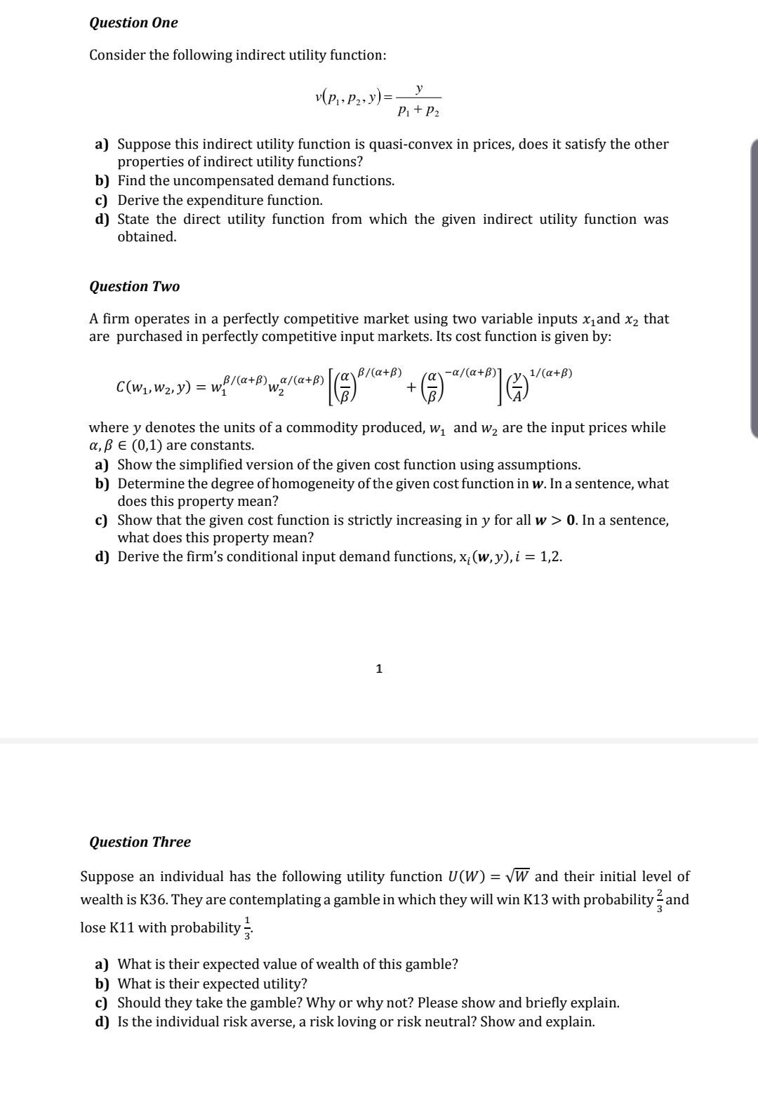 Solved Question One Consider The Following Indirect Utility