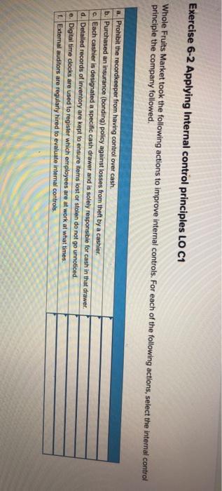Solved Exercise 6-2 Applying Internal control principles LO | Chegg.com