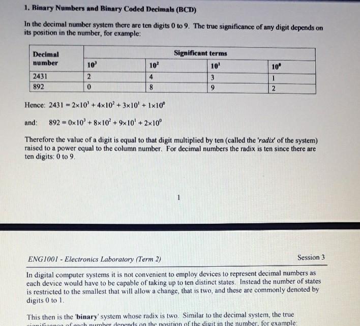 Solved 1. Binary Numbers and Binary Coded Decimals (BCD) In | Chegg.com