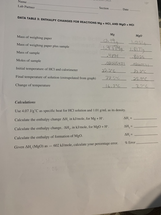Solved Name Lab Partner Section - Date DATA TABLE 3: | Chegg.com