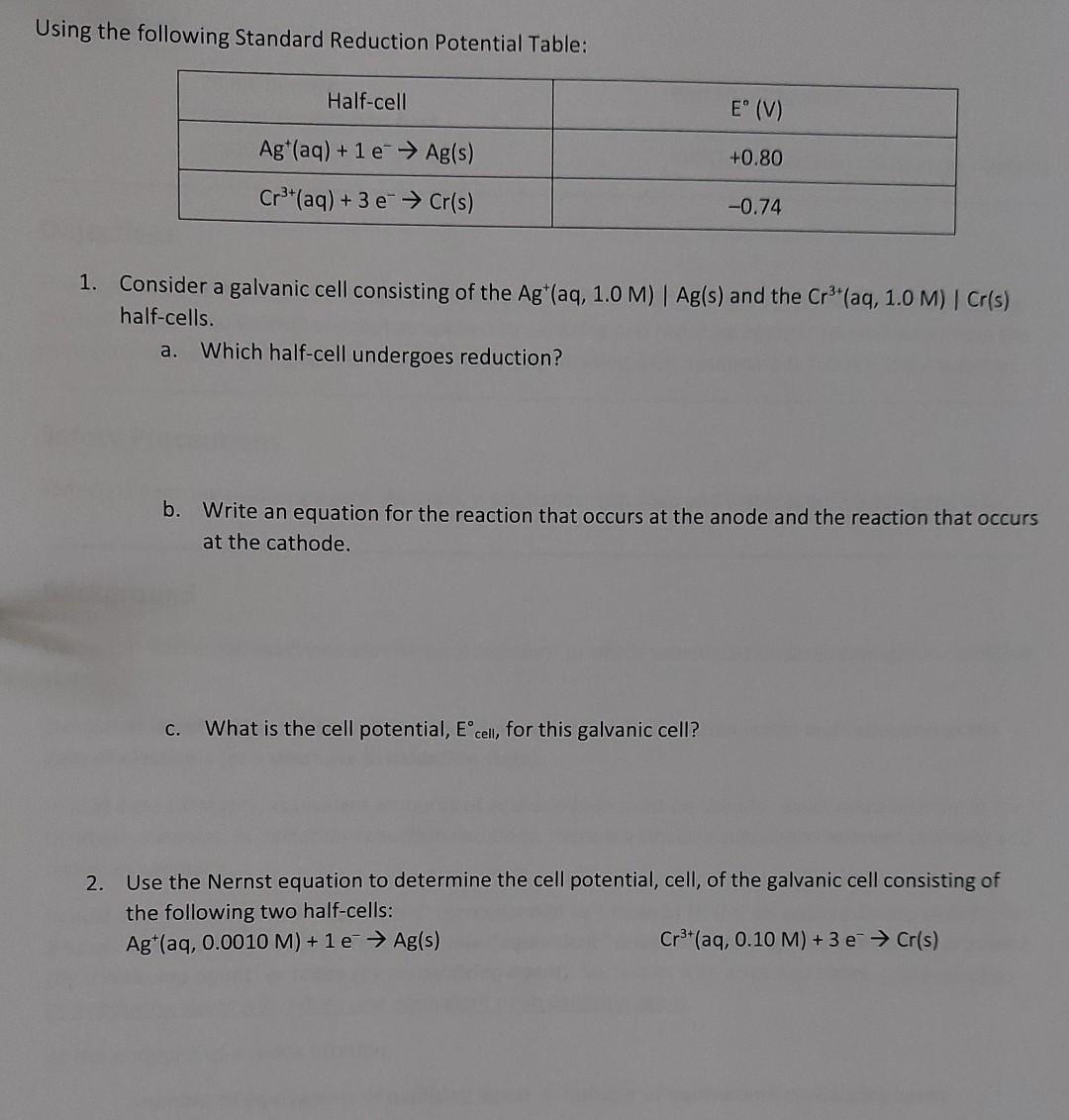 Solved Using the following Standard Reduction Potential | Chegg.com