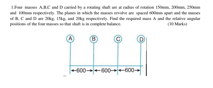 Solved 1.Four masses A,B,C and D carried by a rotating shaft | Chegg.com
