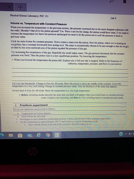 Physical Science Laboratory: PSC 151 Lab 8 Volume vs. | Chegg.com