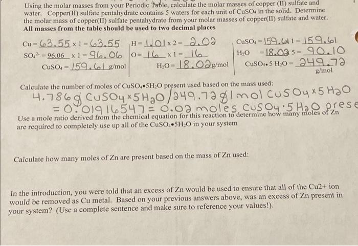 Using the molar masses from your Periodic Table, | Chegg.com