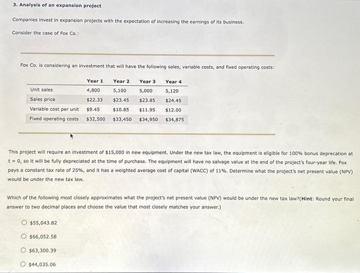 Solved 3. Analysis of an expansion project Companies invest | Chegg.com