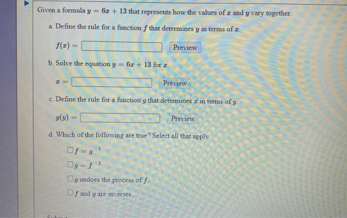 Solved Given a formula y = 6 + 13 that represents how the | Chegg.com