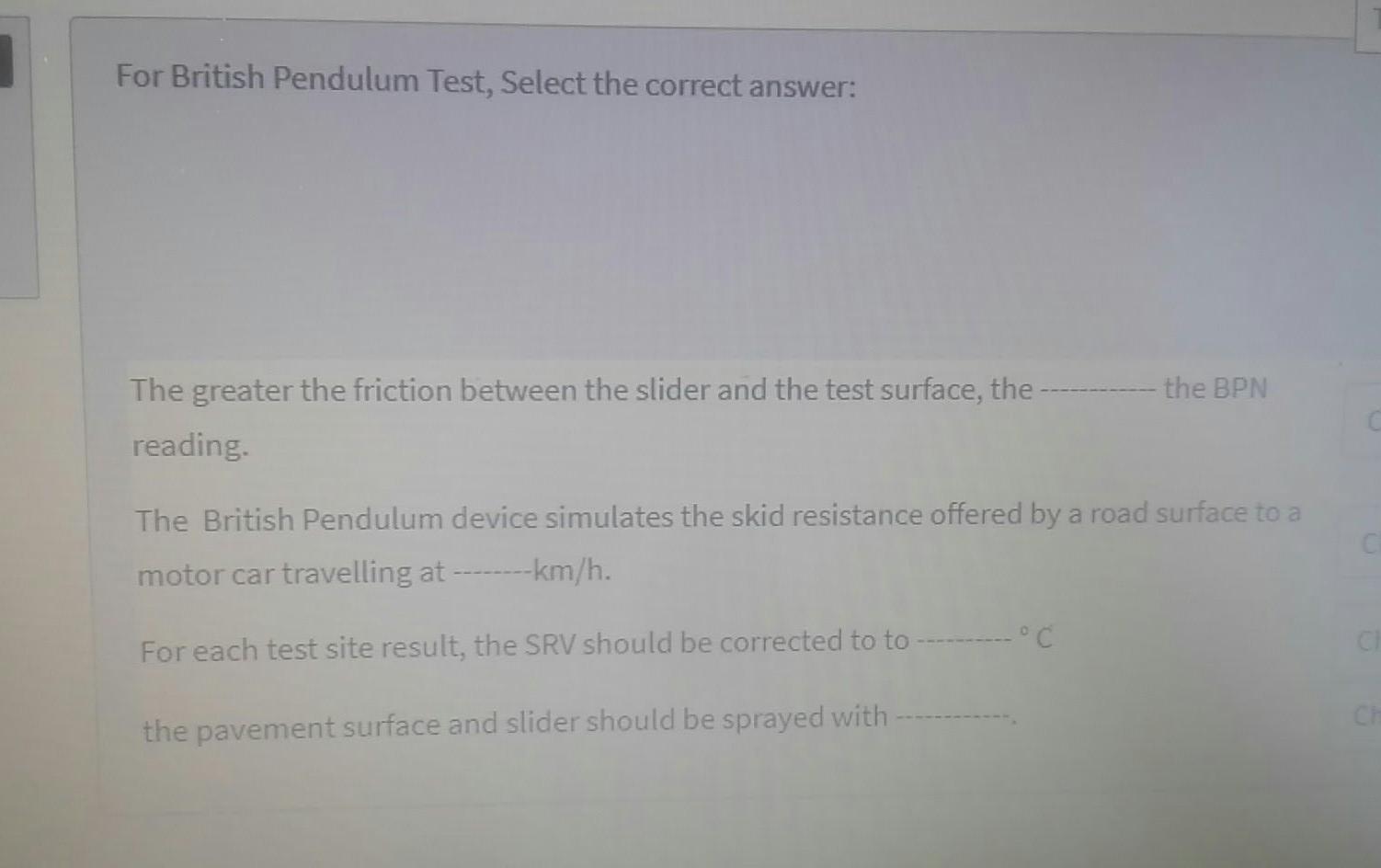 Solved For British Pendulum Test, Select the correct answer: | Chegg.com