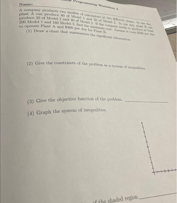 Solved A company produces two models of calculators at two | Chegg.com