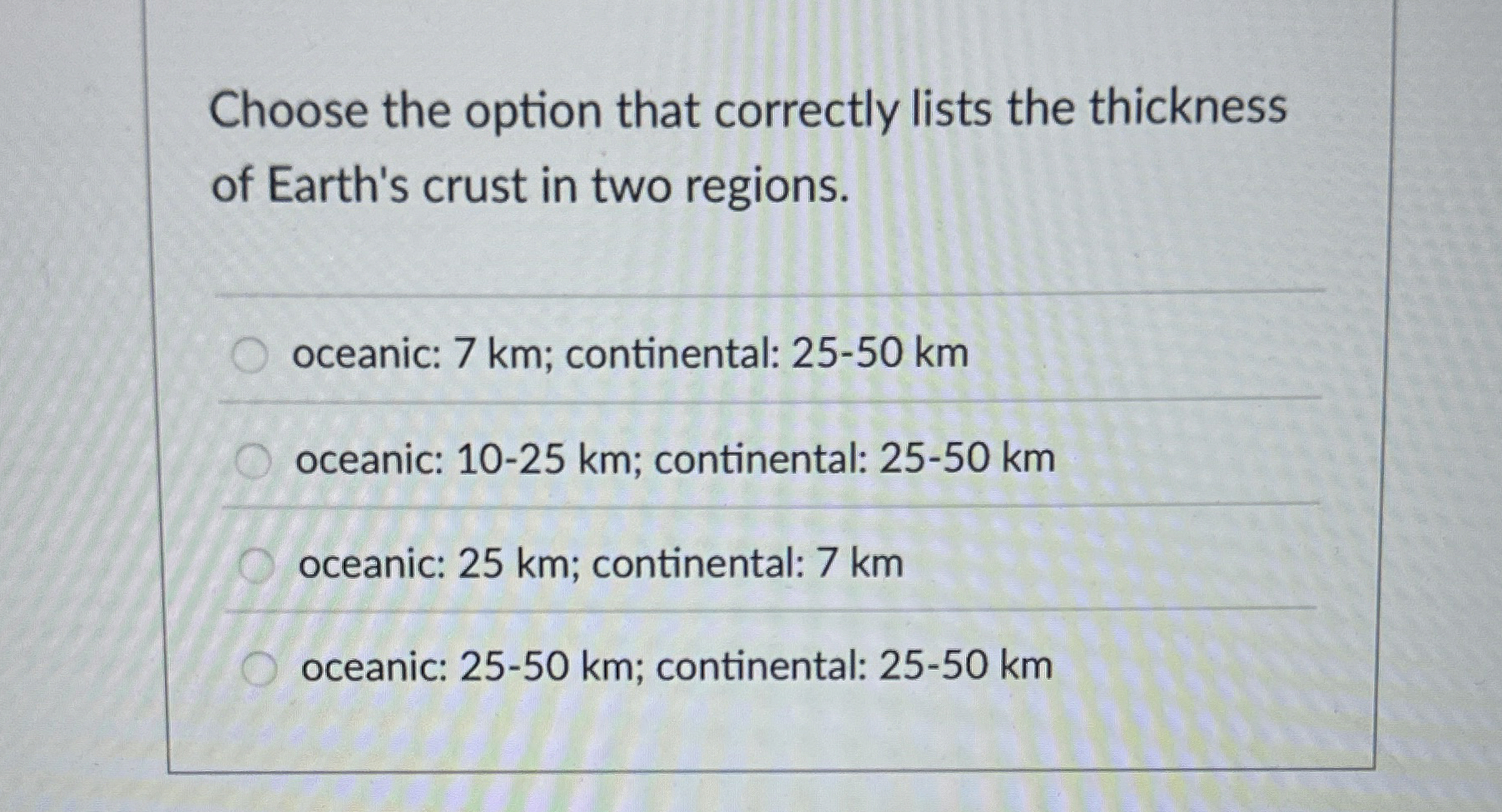 Solved Choose the option that correctly lists the thickness | Chegg.com