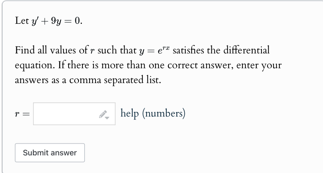 Solved Let y'+9y=0.Find all values of r ﻿such that y=erx | Chegg.com