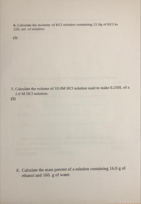 Solved 6. Calculate the molarity of KCl solution containing | Chegg.com
