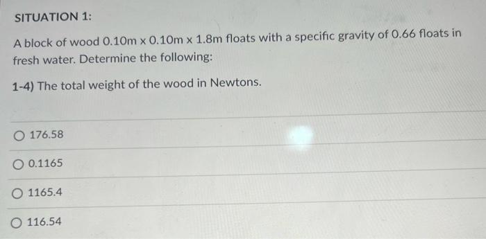 Solved A block of wood 0.10 m×0.10 m×1.8 m floats with a | Chegg.com