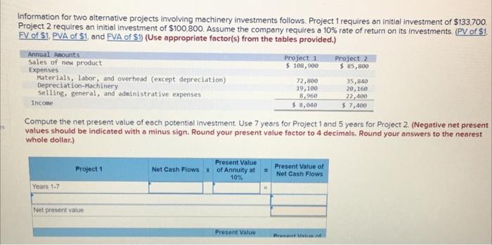 Solved Information for two alternative projects involving | Chegg.com
