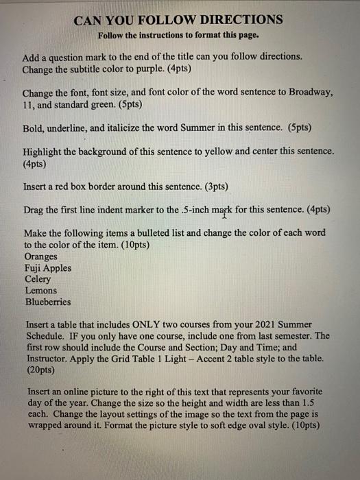 Solved CAN YOU FOLLOW DIRECTIONS Follow the instructions to | Chegg.com