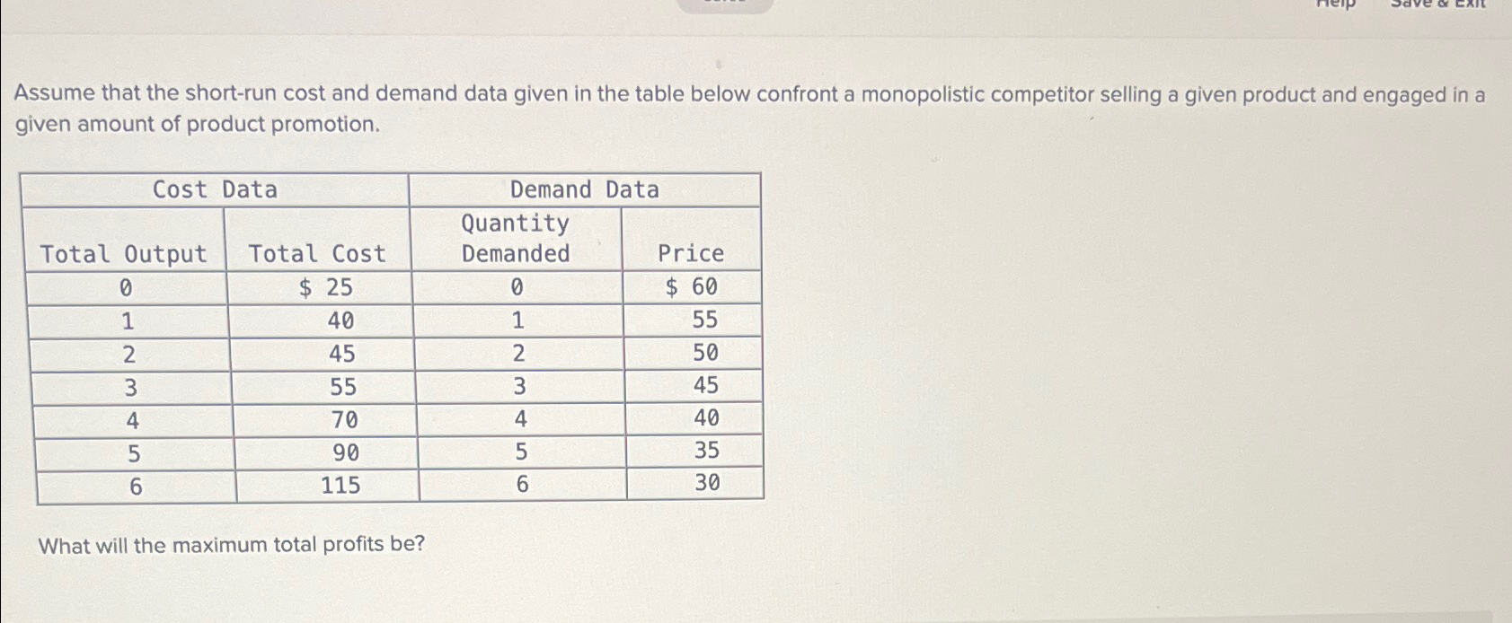 Solved Assume that the short-run cost and demand data given | Chegg.com