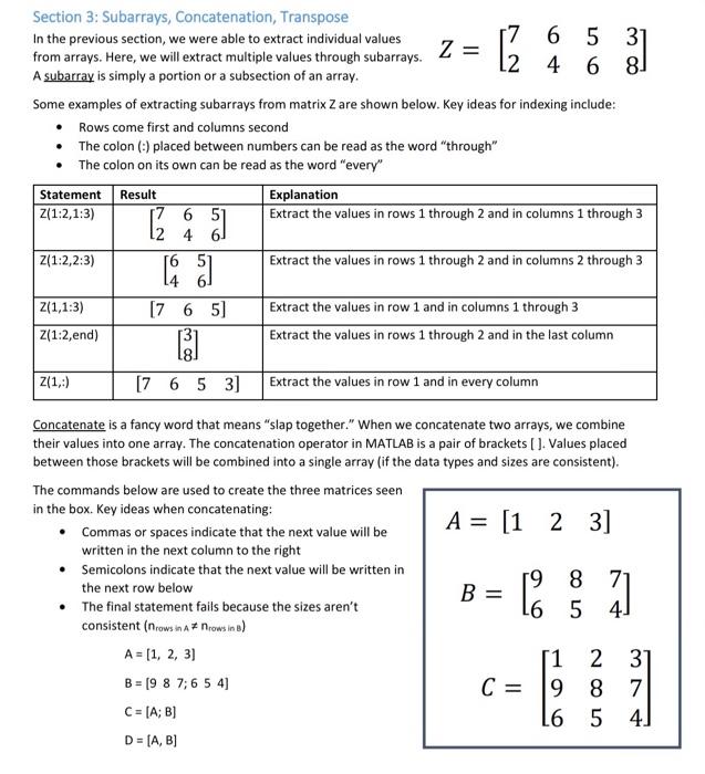 Solved Section 3: Subarrays, Concatenation, Transpose In the | Chegg.com