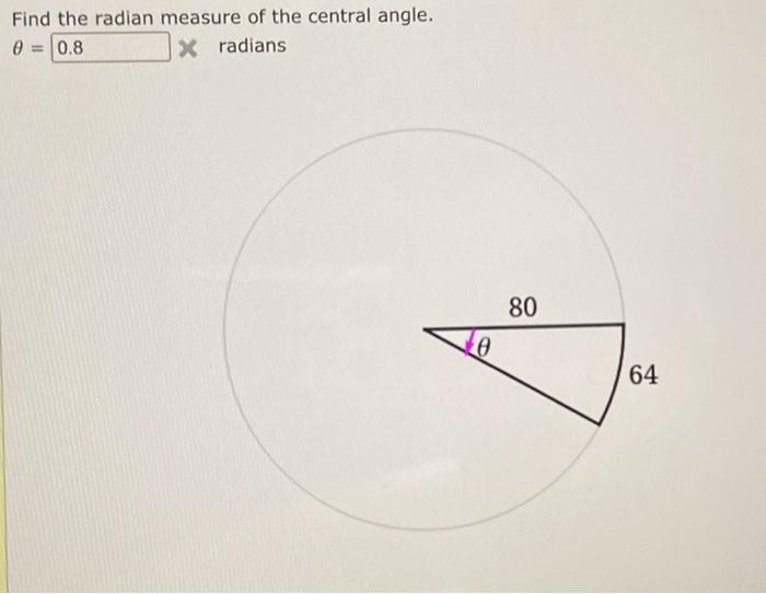 Solved Find the radian measure of the central angle. @=0.8 X | Chegg.com