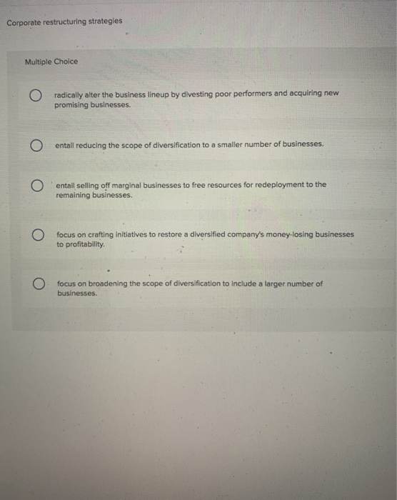 Solved Corporate restructuring strategies Multiple Choice 0 | Chegg.com