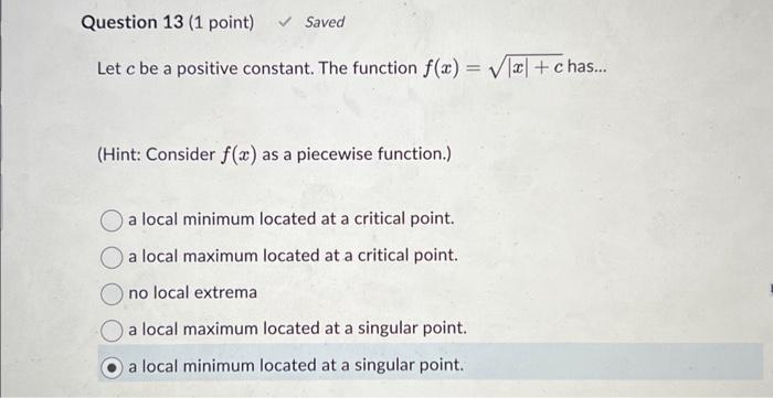 Solved Let c be a positive constant. The function f(x)=∣x∣+c | Chegg.com