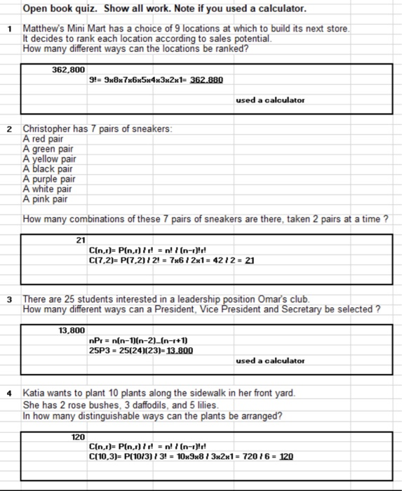 Solved Open book quiz. Show all work. Note if you used a | Chegg.com