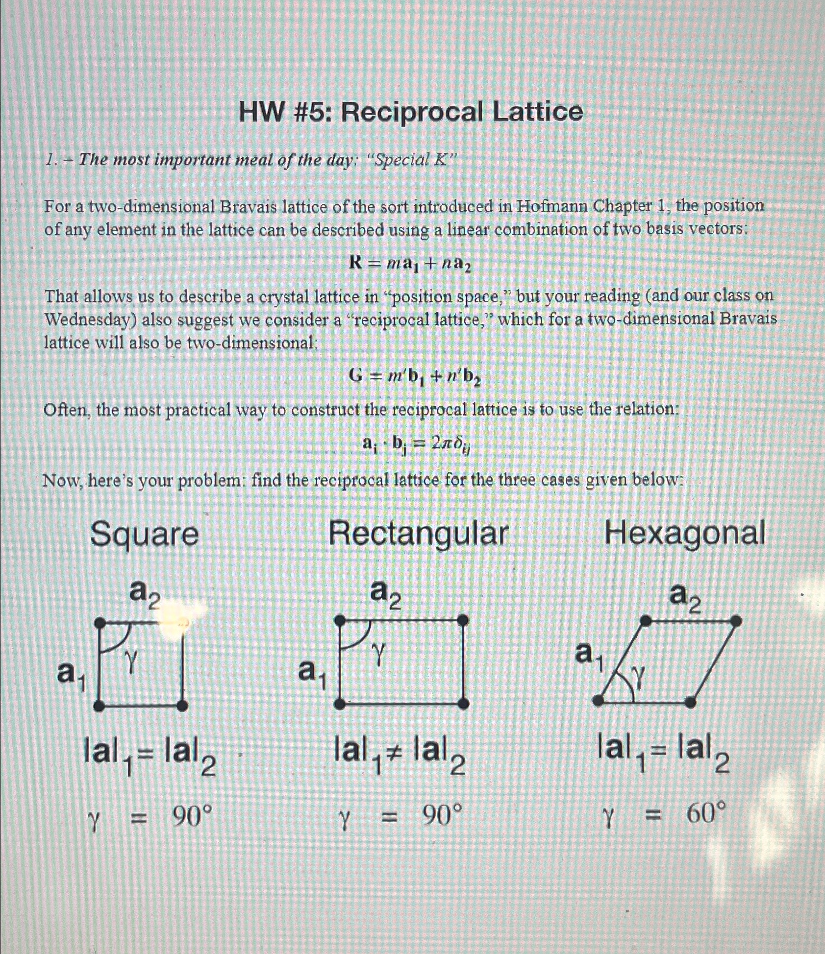 Solved HW #5: Reciprocal LatticeThe most important meal of | Chegg.com