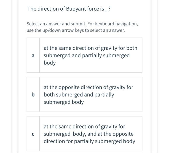 Solved The direction of Buoyant force is _? Select an answer | Chegg.com