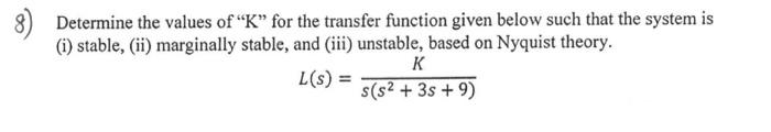 Solved Determine the values of " K " for the transfer | Chegg.com