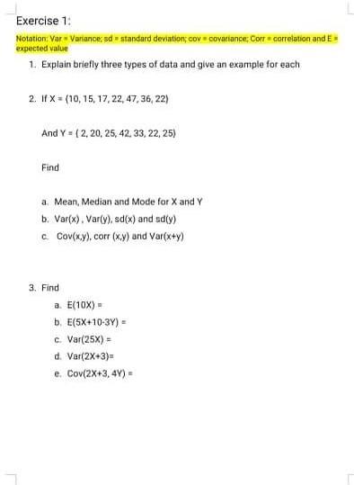 Solved Exercise 1: Notation: Var Variance: sd standard | Chegg.com