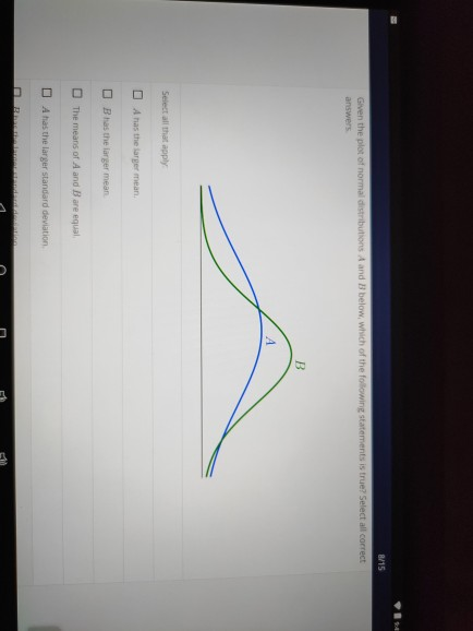 Solved 8/15 Given the plot of normal distributions A and B | Chegg.com
