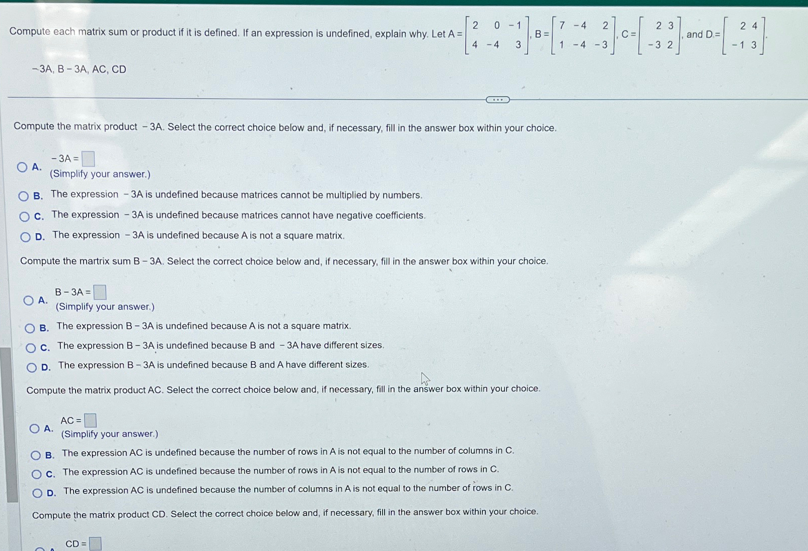 Solved Compute each matrix sum or product if it is defined. | Chegg.com