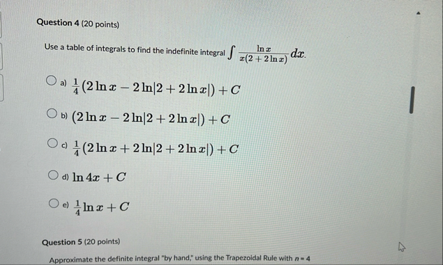 Solved Question 4 (20 ﻿points)Use a table of integrals to | Chegg.com