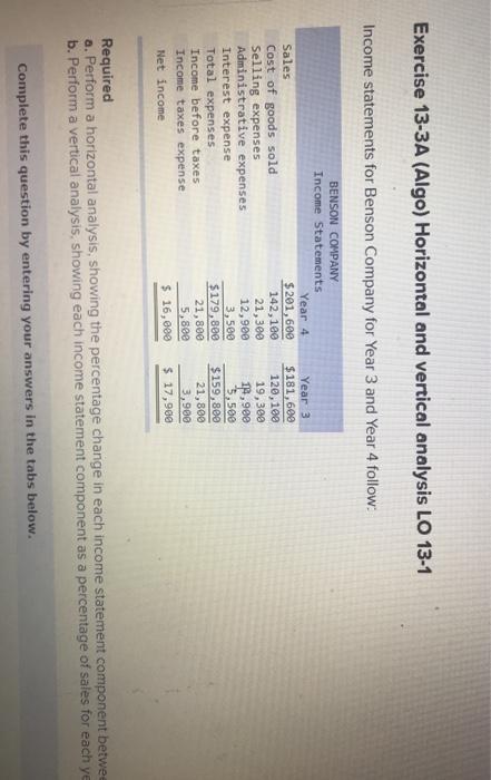Solved Exercise 13-3A (Algo) Horizontal and vertical | Chegg.com