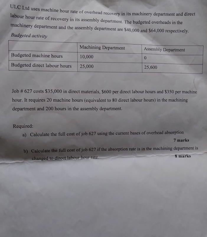 Solved ULC Ltd uses machine hour rate of overhead recovery | Chegg.com