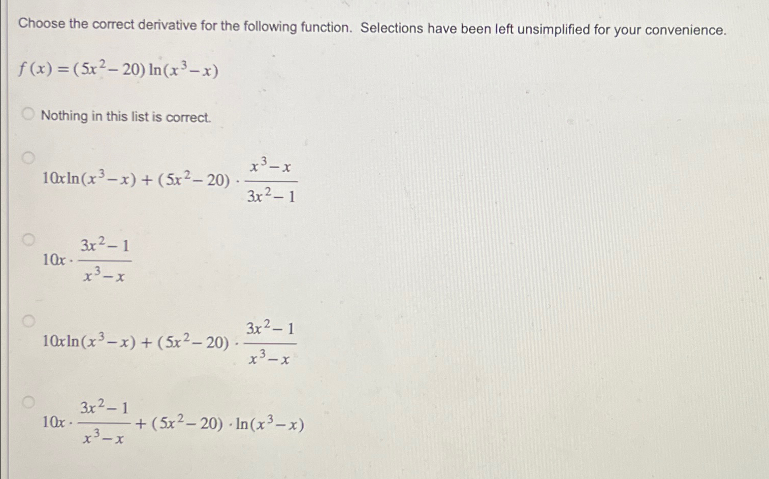 Solved Choose the correct derivative for the following | Chegg.com