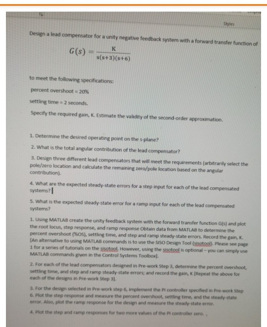 Styles Design a lead compensator for a unity negative | Chegg.com