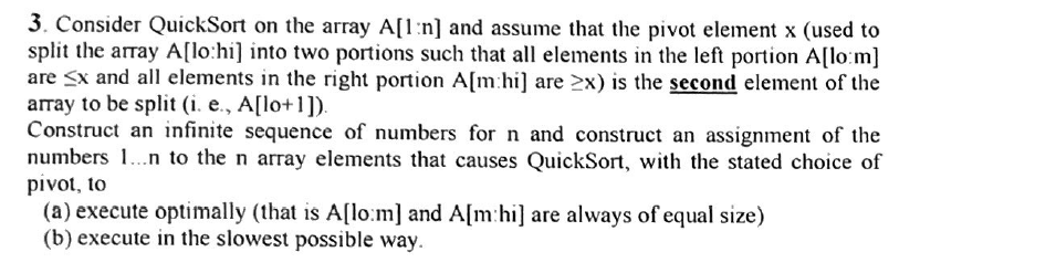 Consider QuickSort on ﻿the array A[1:n] ﻿and assume | Chegg.com