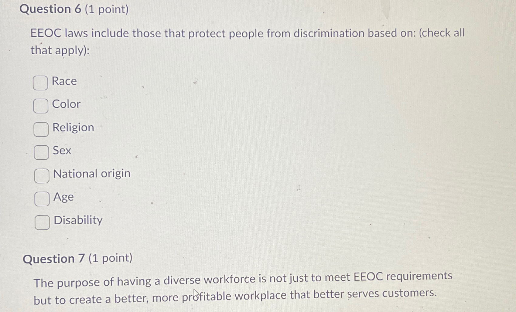 Solved Question 6 (1 ﻿point)EEOC laws include those that | Chegg.com