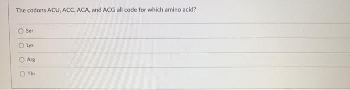 Solved The codons ACU, ACC, ACA, and ACG all code for which | Chegg.com