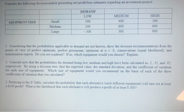 Solved Consider the following decision matrix presenting net | Chegg.com