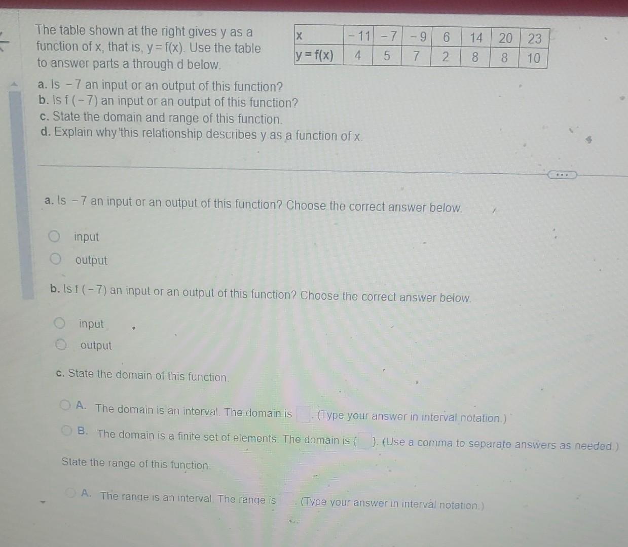 Solved The table shown at the right gives y as a function of | Chegg.com