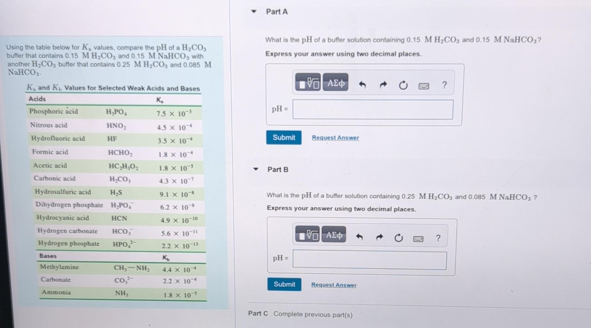 Solved Using the table below for Ka values, compare the pH | Chegg.com
