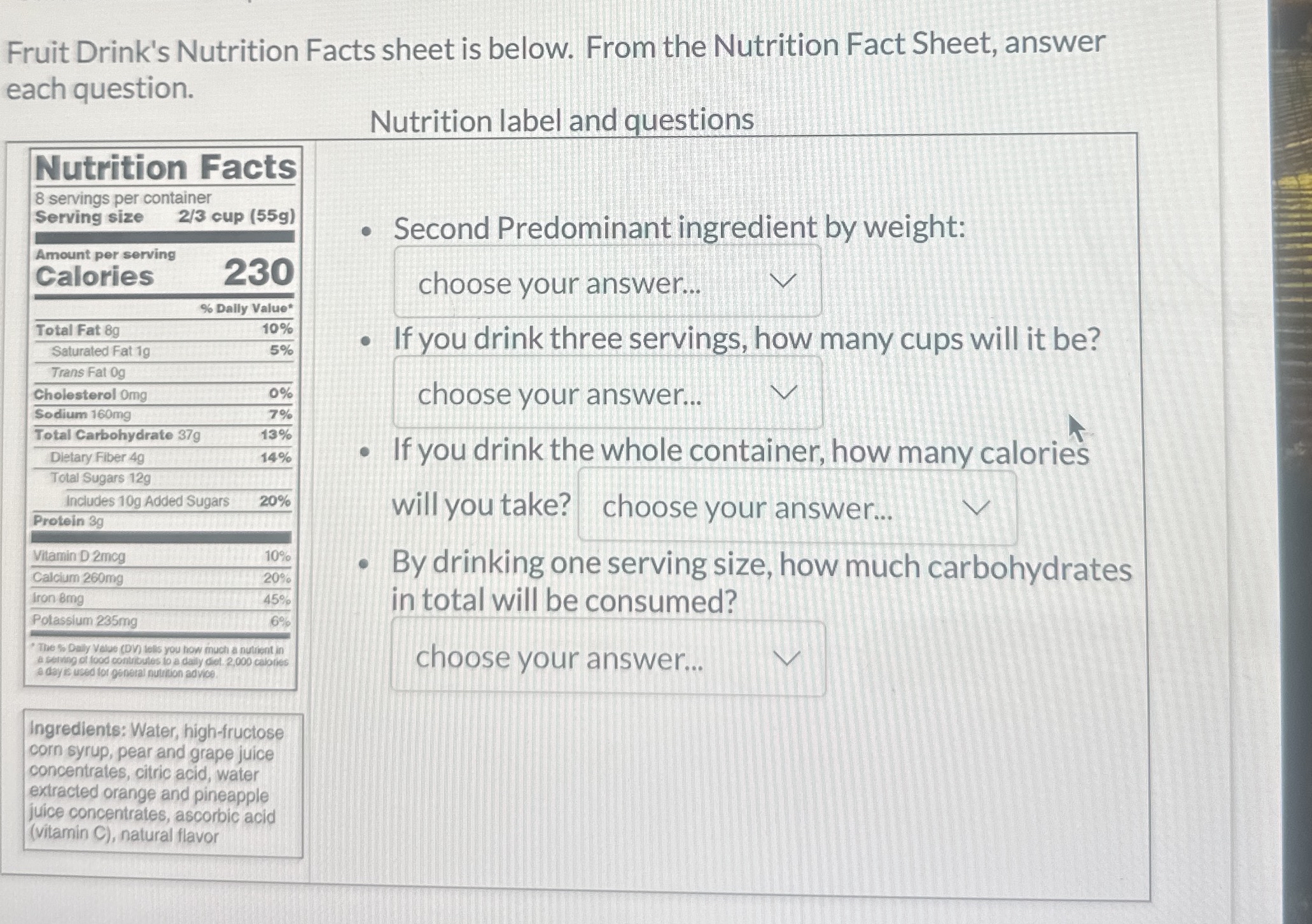 Solved Fruit Drink's Nutrition Facts sheet is below. From | Chegg.com