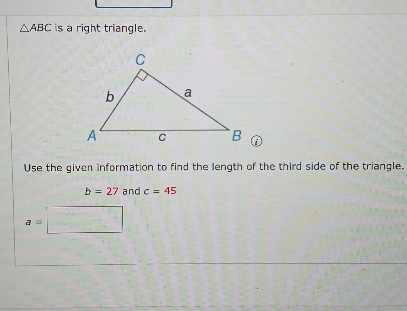 Solved AABC is a right triangle. A a = b walton C C a Use | Chegg.com