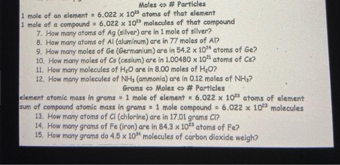 Solved Moles > # Particles 1 mole of an element = 6.022 x | Chegg.com